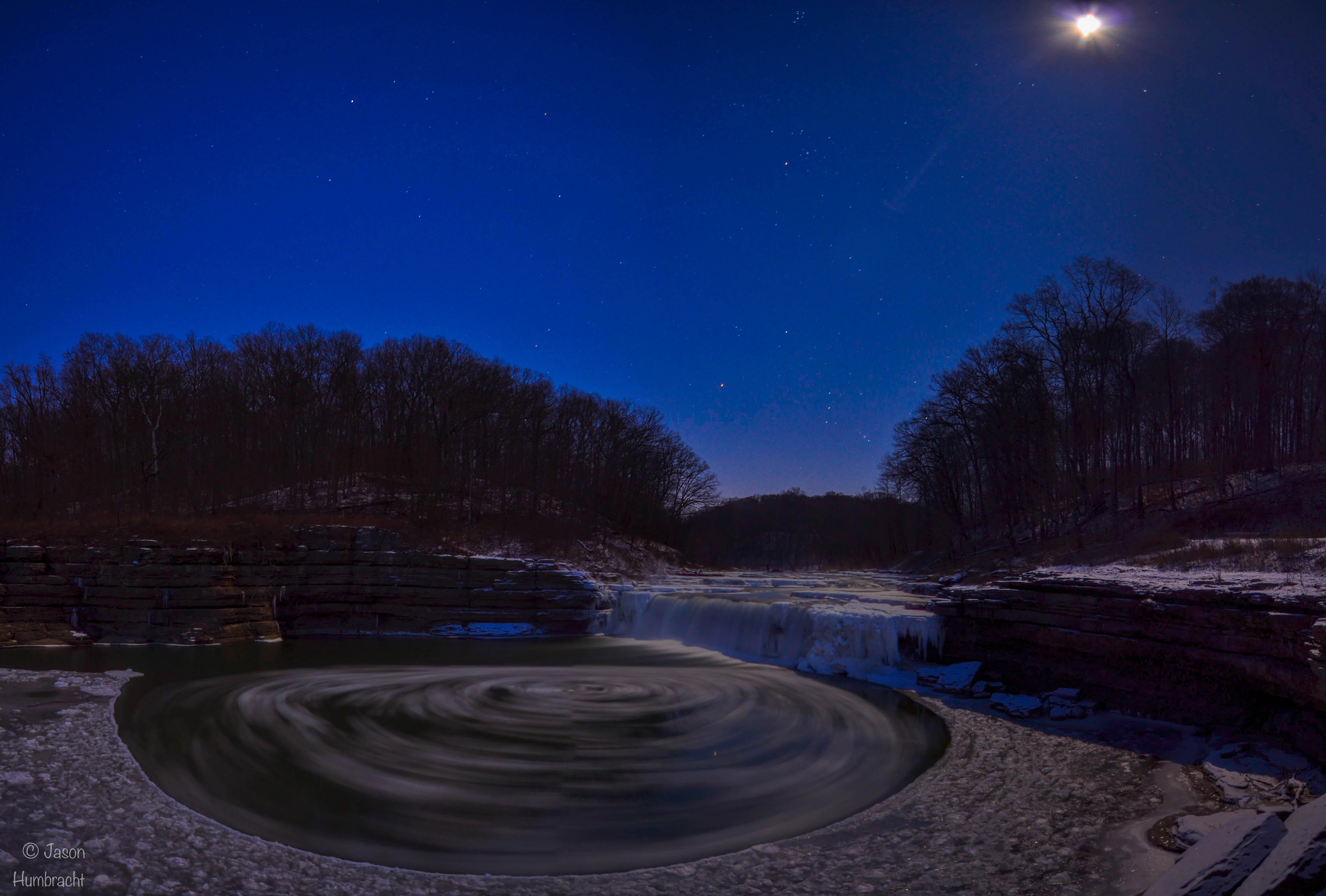 Dreamy dusk images of frozen Cataract Falls, Indiana's largest waterfall